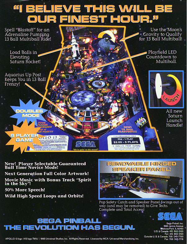 Apollo 13 Pinball Machine - Elite Home Gamerooms
